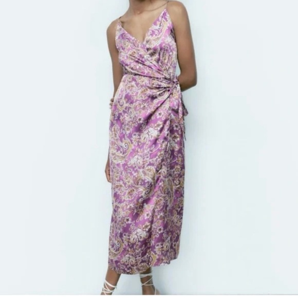Zara | Dresses | Nwt Zara Silky Satin Wrap Purple Paisley Midi Dress ...